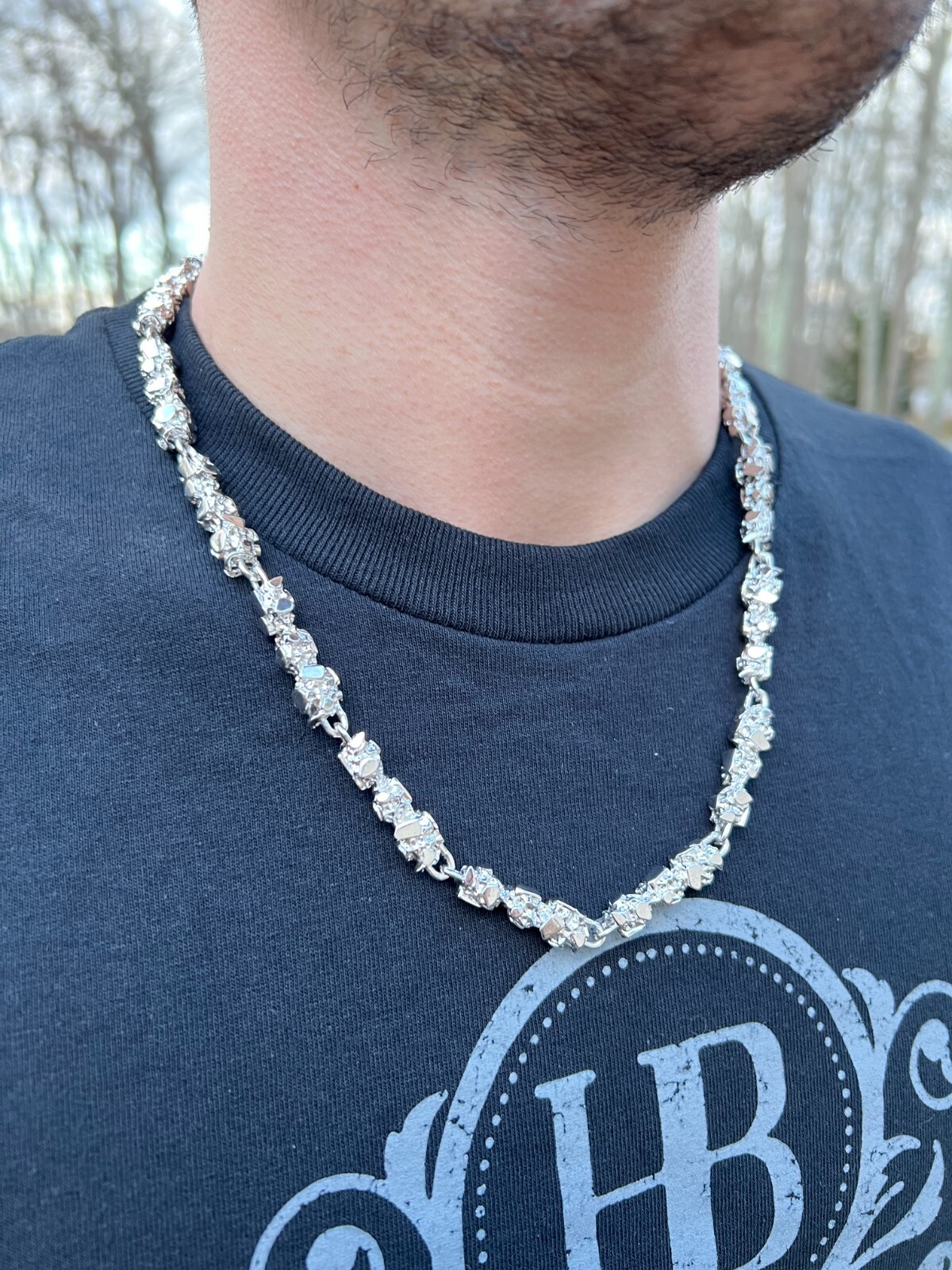 Mens HEAVY Real Solid 925 Sterling Silver Nugget Link Chain Necklace ...