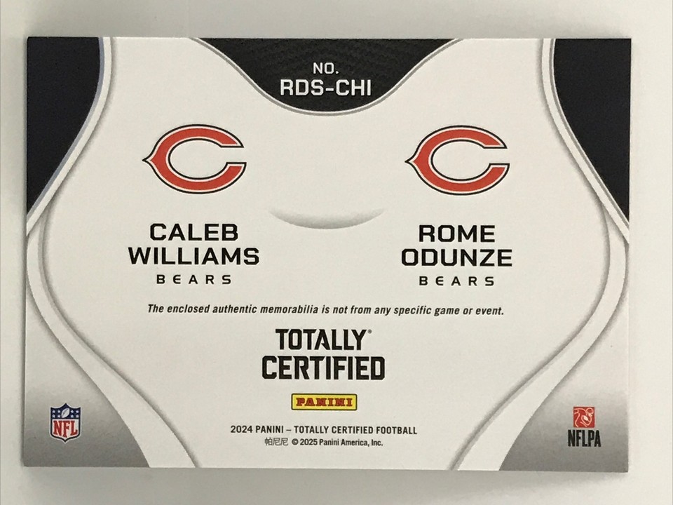 2024 TOTALLY CERTIFIED FOOTBALL Caleb Williams Rome Odunze RC PATCH ...