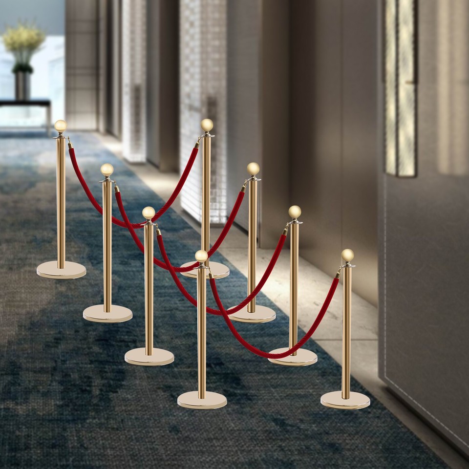 8 PCS Crowd Control Stanchion Gold Posts Set with Red Velvet Rope Queue ...