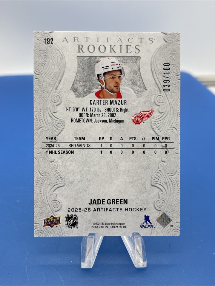 Carter Mazur 2025-25 Upper Deck Artifacts Jade Green /100 Red Wings ...