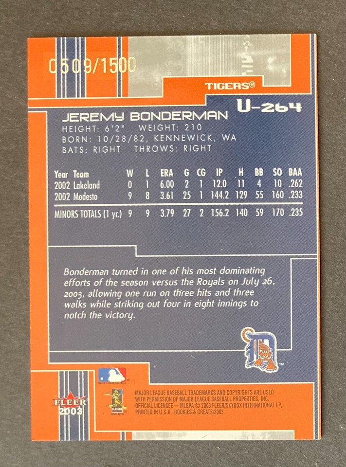 2003 FLEER ULTRA JEREMY BONDERMAN ROOKIE RC CARD #U-264 SERIAL #/1500 ...