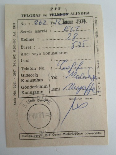 Posta ve Telgraf Teşkilatı (PTT) Post Telegraph receipt Suadiye Turkey ...