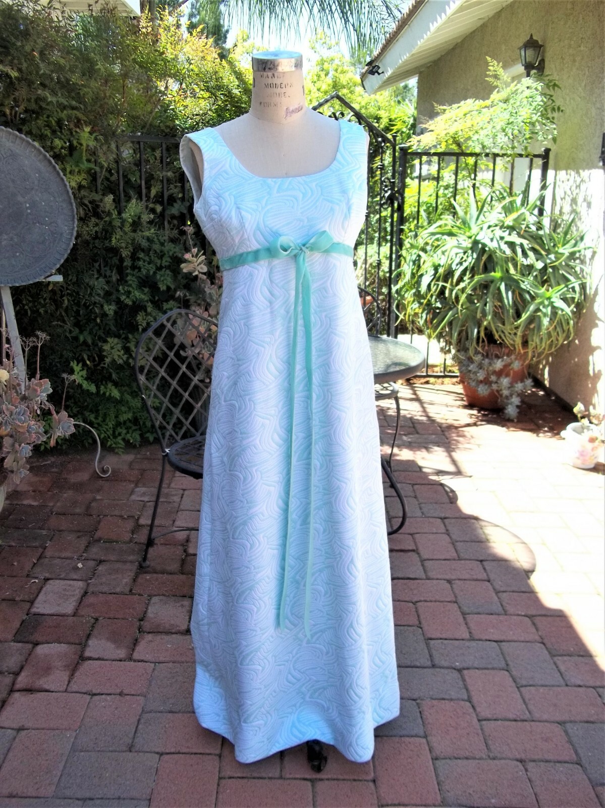 Vtg 60's Long Mod Polyester Summer Dress Lt Turquoise Velvet Ribbon 33 ...