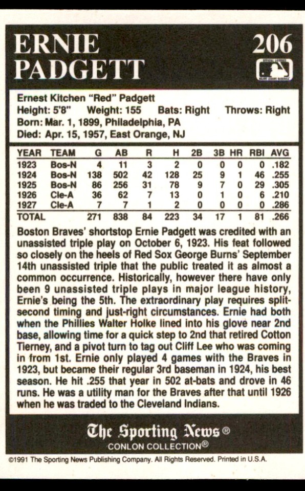 1991 The Sporting News Conlon Collection Ernie Padgett Baseball Cards ...