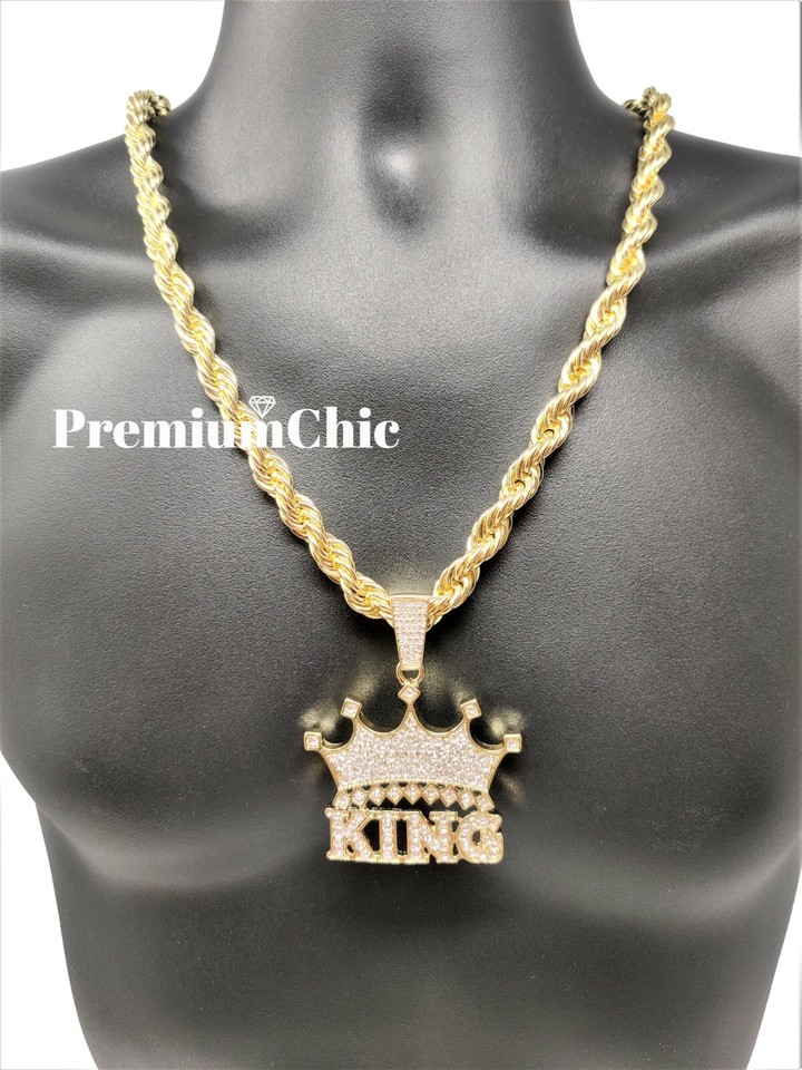 XL Crowned King Pendant Necklace with Rope or Cuban Chain Plated CZ ...