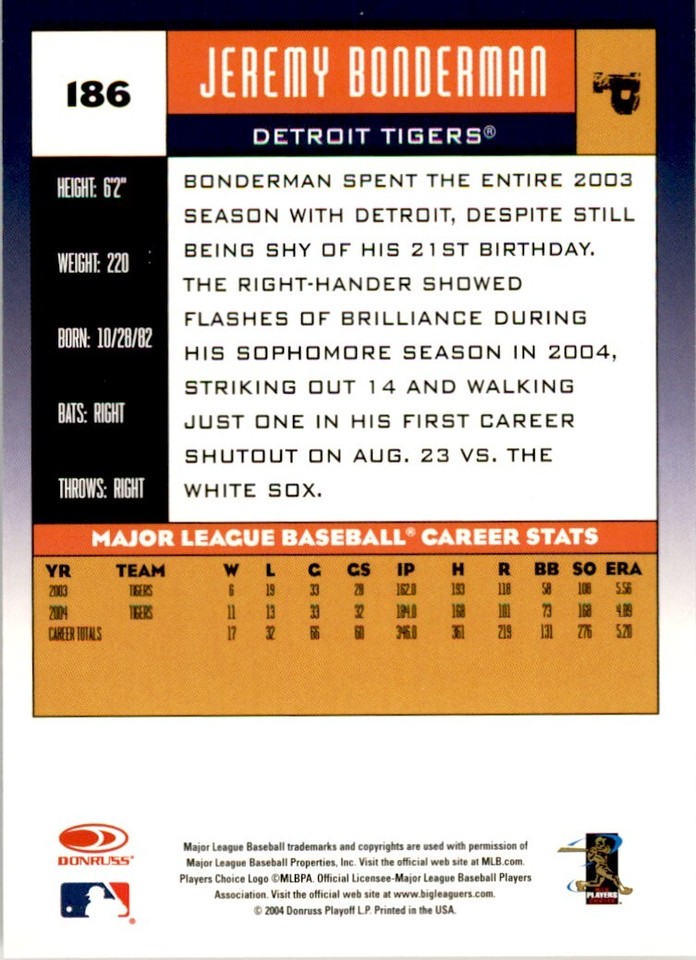 2005 Donruss Jeremy Bonderman . Detroit Tigers #186 | eBay