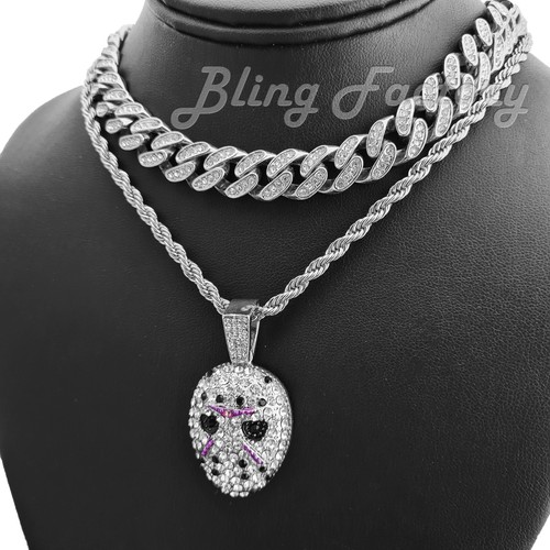 Hip Hop Silver PT Jason Mask Pendant w/ 24" Rope Chain & 18" Iced Cuban ...