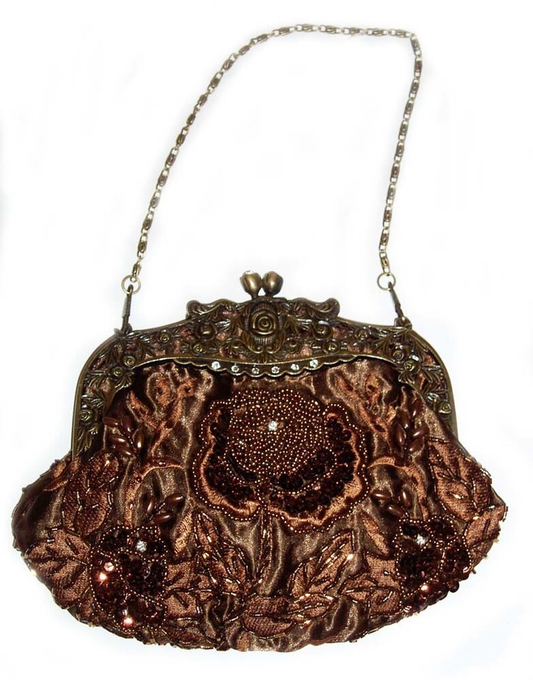 New Vintage Bronze Beaded Rose Flower Pattern Evening Handbag Purse ...