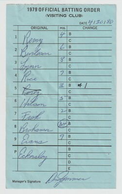 4-30-80 Boston Red Sox Game Used Lineup Card - Dennis Eckersley & Fred ...