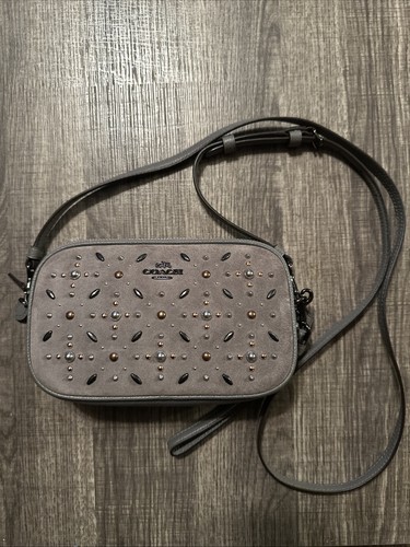 COACH Crossbody Clutch Prairie Rivets Gray Suede Leather With Shoulder ...