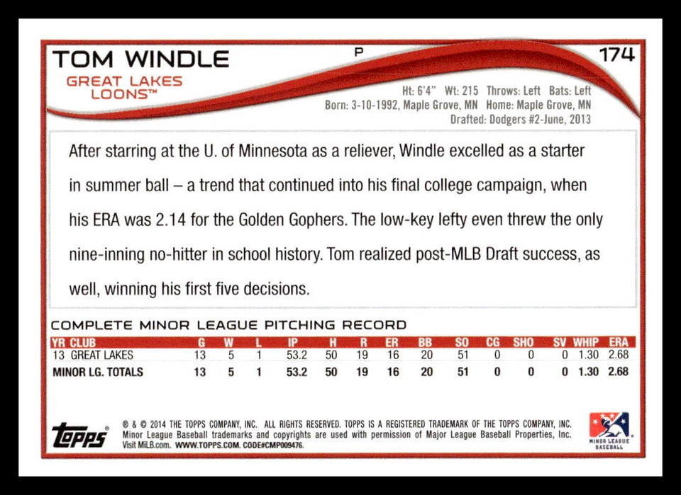 2014 Topps Pro Debut Tom Windle 174 Great Lakes Loons | eBay