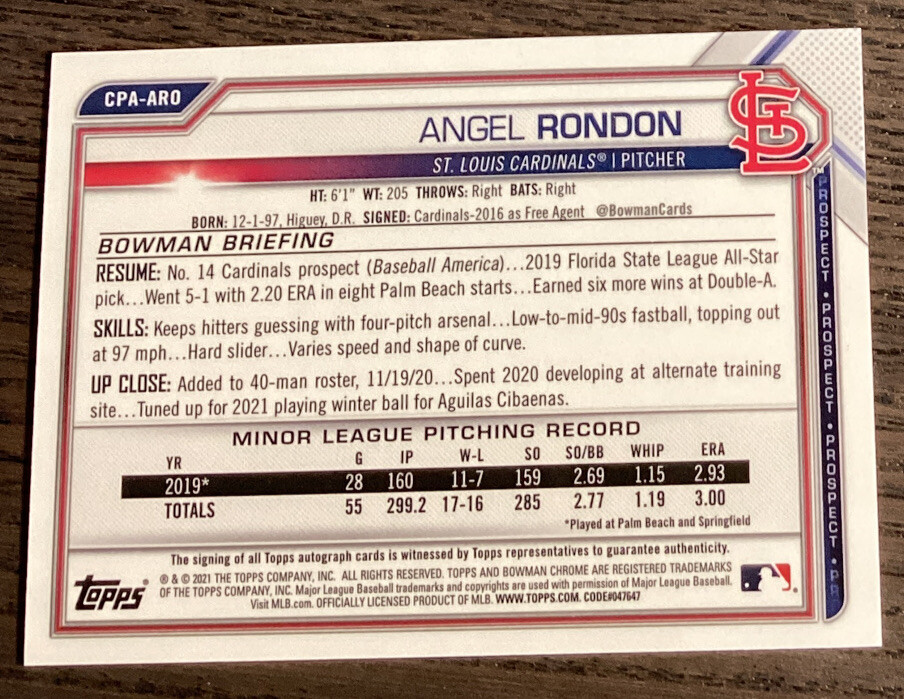 2021 Bowman Chrome Angel Rondon #CPA-ARO 1st Bowman Auto! Cardinals ...