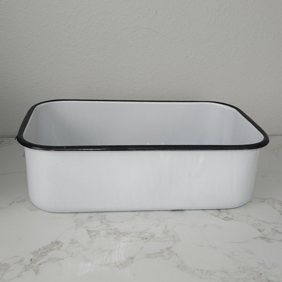Vintage White Enamel Rectangle Loaf Pan Black Rim Refrigerator Storage ...