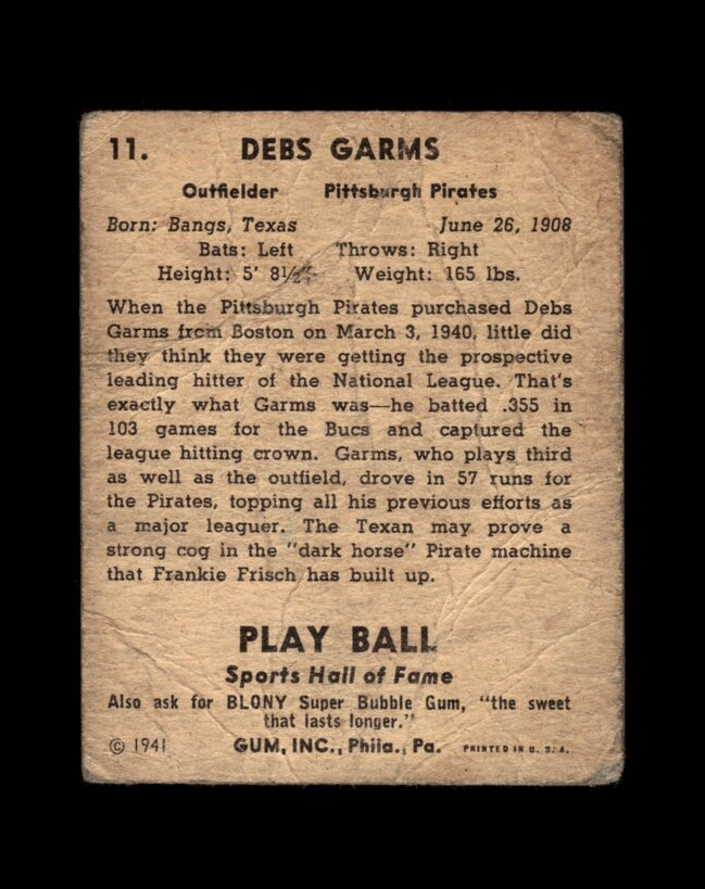 1941 Play Ball Set-Break # 11 Debs Garms LOW GRADE (filler) *GMCARDS ...