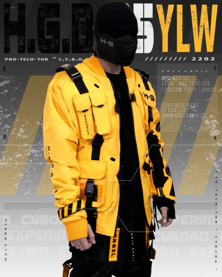 Men's Techwear Yellow Jacket Hoodie Full Zip Buckle Holygrail H.G.B-05 ...