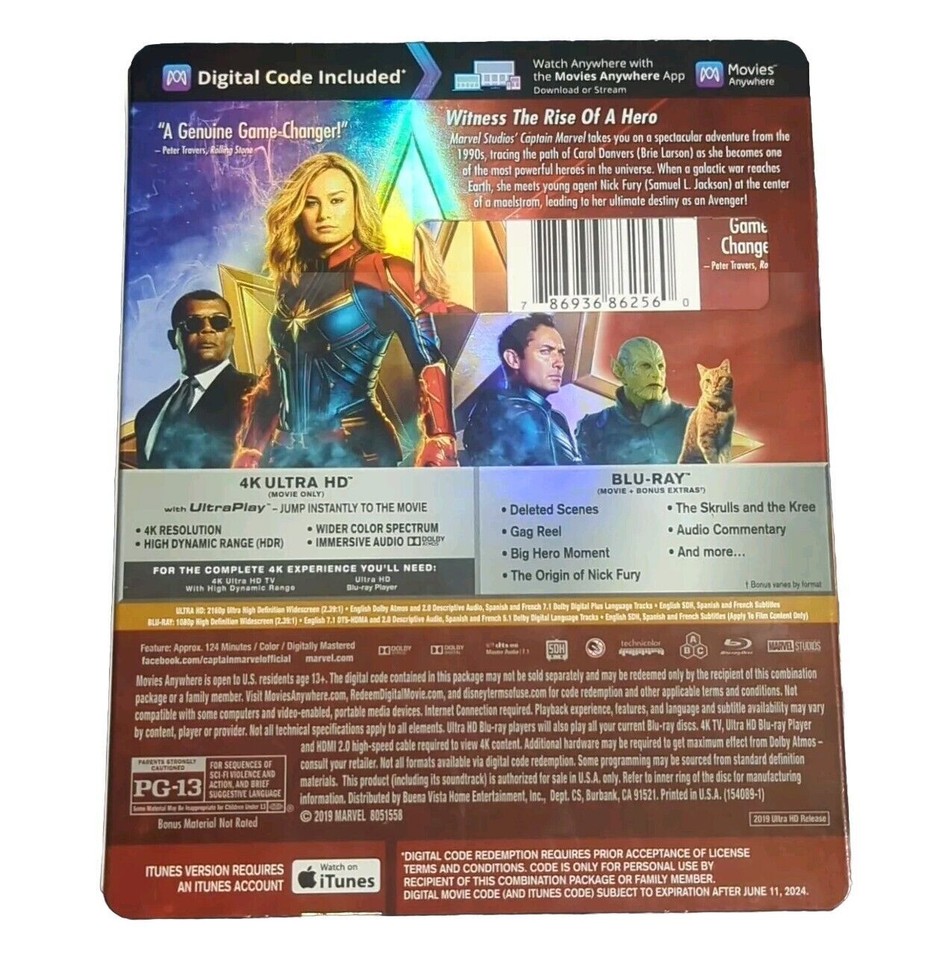Captain Marvel Blu Ray DVD 4k Ultra HD UHD Movie 2019 Cinematic ...