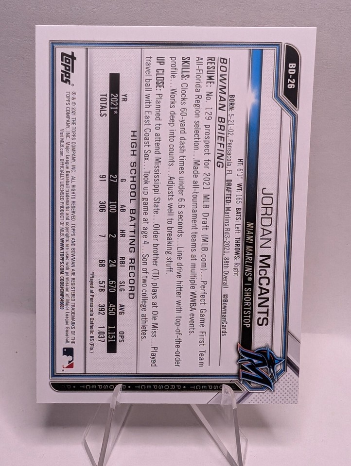 2021 Bowman Draft Jordan McCants #BD-26 1st Bowman Rookie Miami Marlins ...