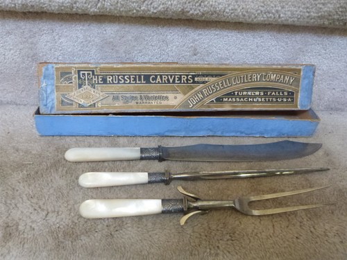 VTG J. Russell Mother of Pearl Handled MOP Carving Set Sterling Collars ...