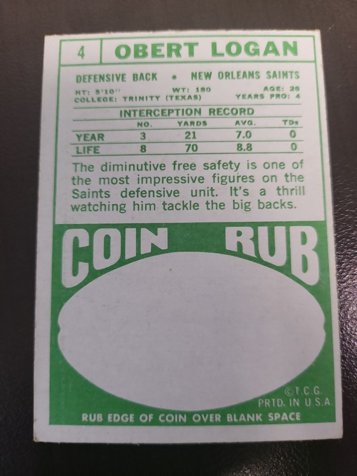 1968 Topps Football Obert Logan card #4 | eBay