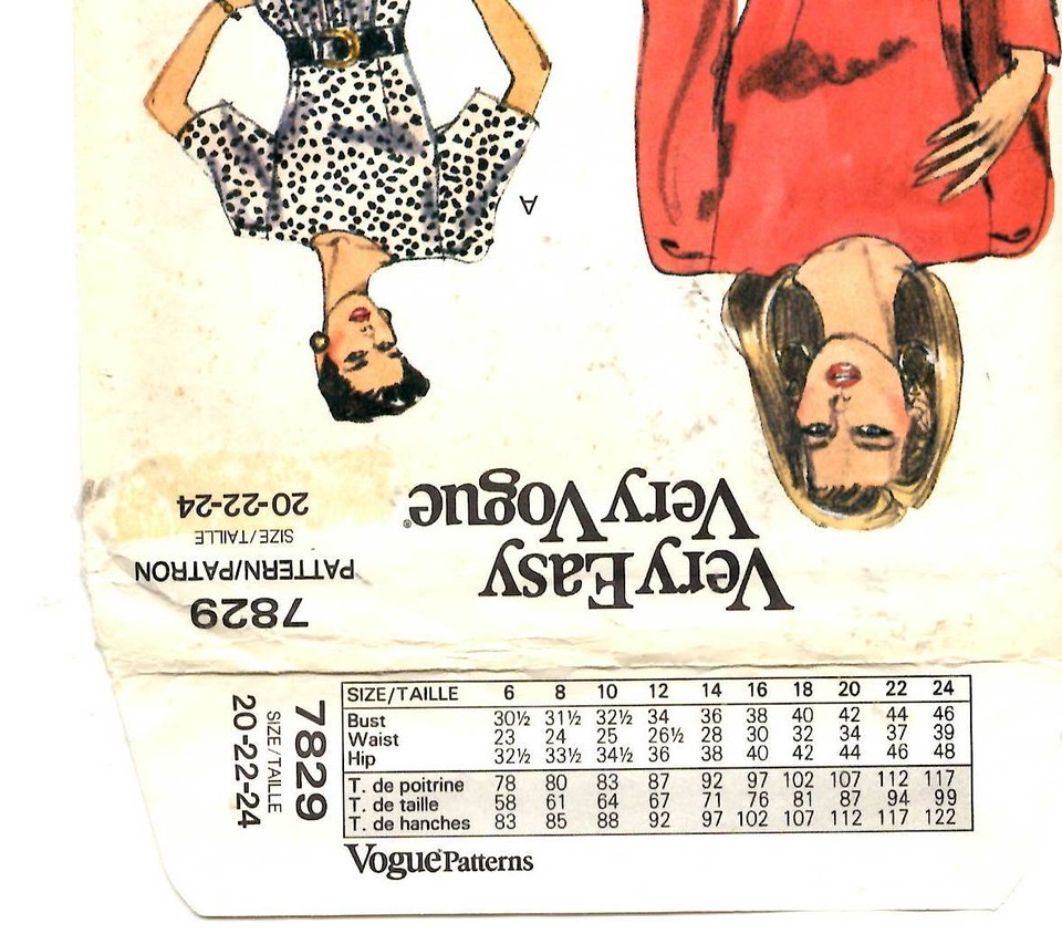 Very Easy Very Vogue Sewing Pattern Women's DRESS 7829 Size 20-22-24 ...