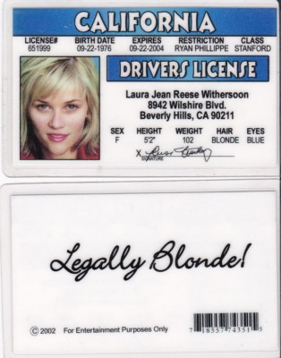 Reese Witherspoon fun id card / drivers license Legally Blonde movie ...