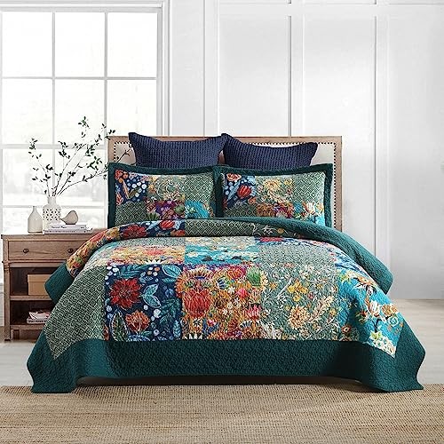 Cotton Bedspread Quilt Sets Queen (90 by98 Inch) Turquoise Floral ...