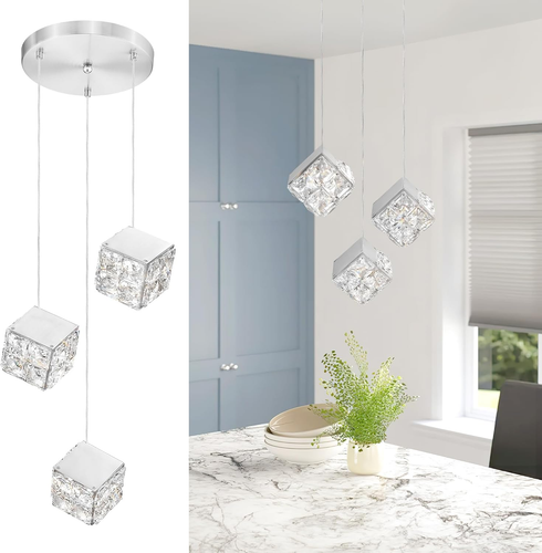3-Light Crystal LED Pendant Light Fixtures, Cluster Hanging Light ...