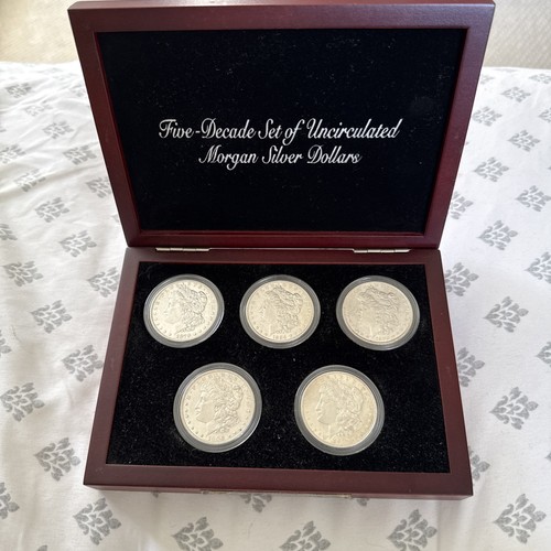 Five Decade Set Of Uncirculated Morgan Silver Dollars With Display Box ...