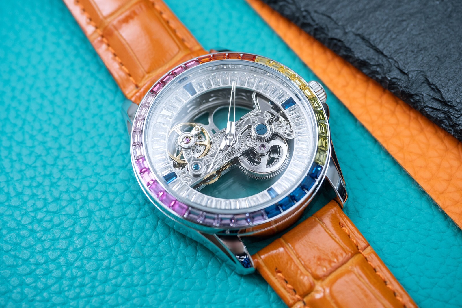 Mens Silver Automatic Mechanical Watch Bridge Rainbow Cubic Orange ...