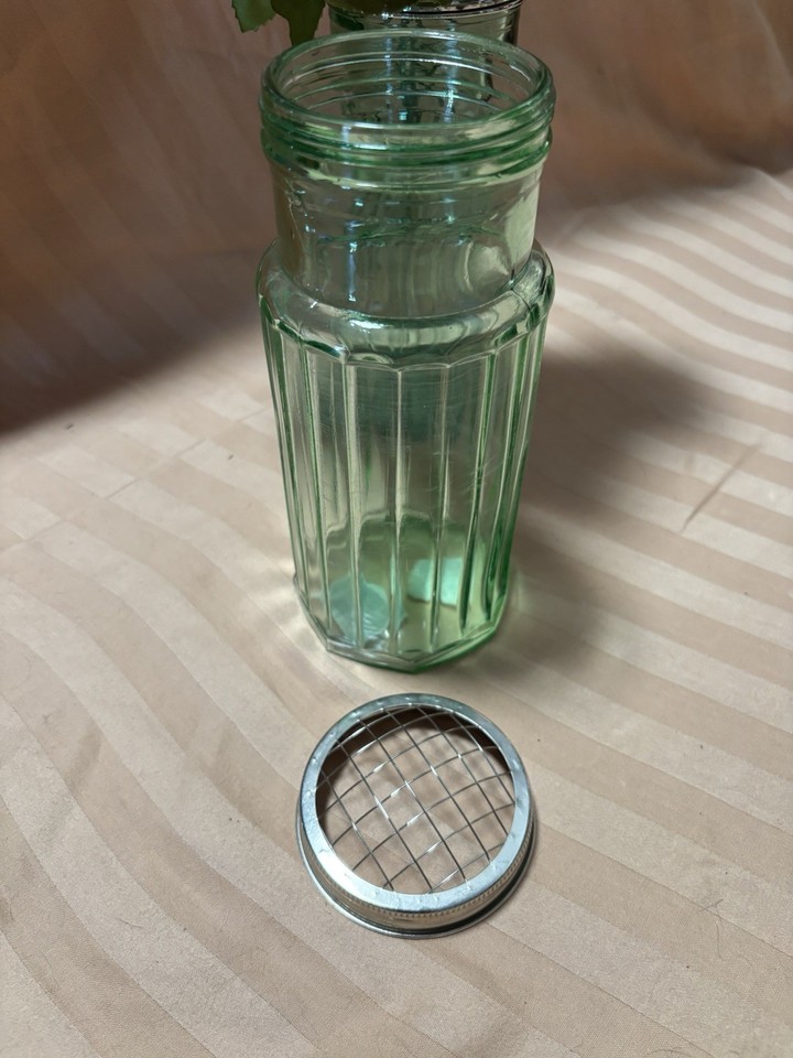 Lot Of 2 Depression Glass Green Flower Vase With Metal Wire Frog Lid ...