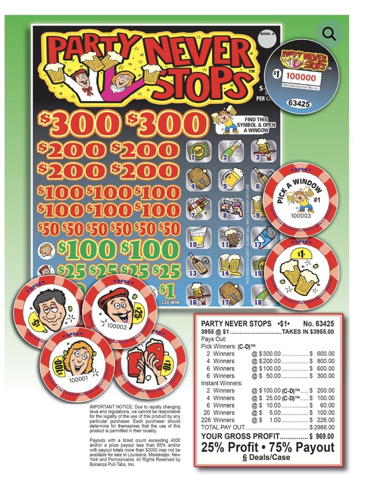 Pull Tab Tickets - Chip Tickets - Game - Pick Board - Party Never Stops ...