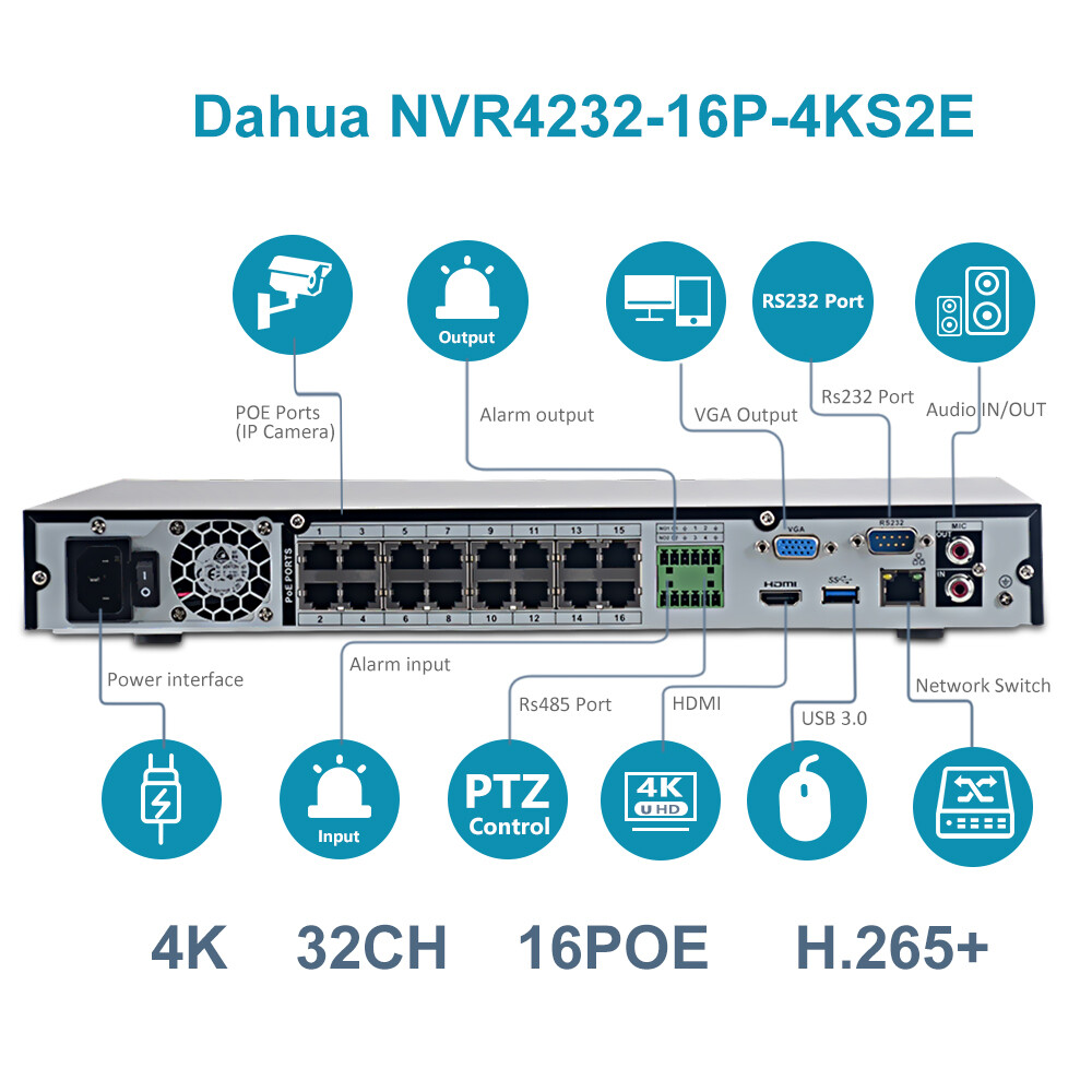 Original alhua 32CH NVR 16PoE 4K CCTV NVR4232-16P-4KS2/L Network Video ...