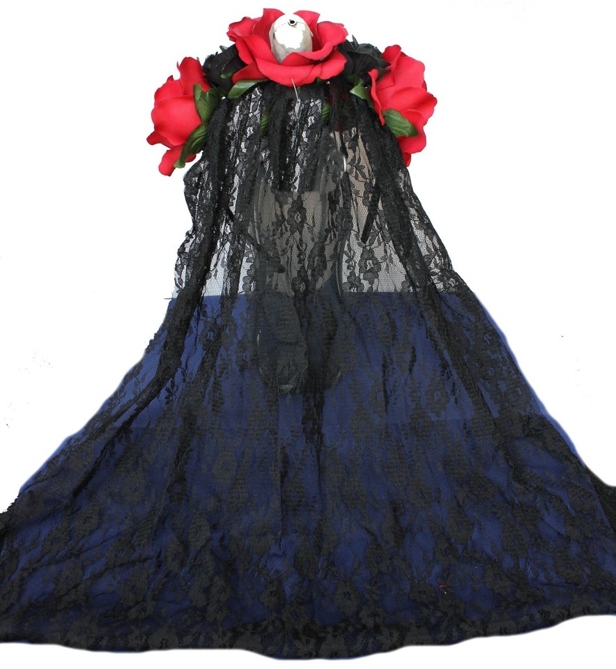Deluxe Long Veil Black, DOD Dia de los Muertos, Halloween Rose Flower ...
