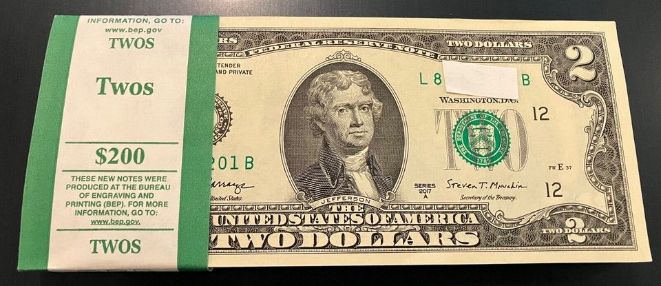 100 Consecutive BRAND NEW Two($2) Dollar Bills BEP Pack 2017A~FULL ...