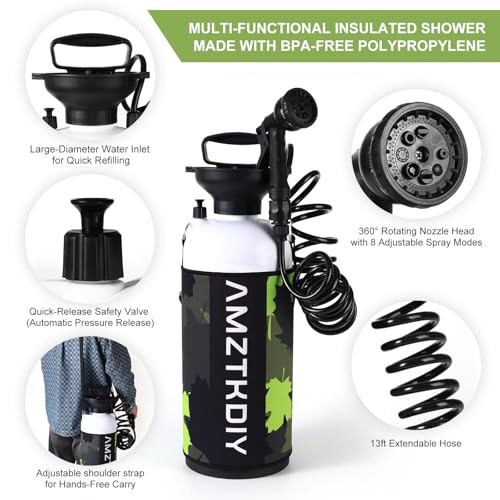 1.3 Gallon Camping Shower Tank for Hot & Cold Water, with 8 Modes Spray ...