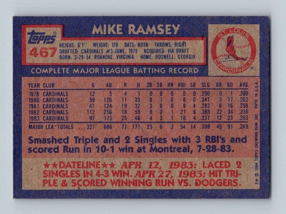 1984 Topps Baseball Card #467 Mike Ramsey St. Louis Cardinals Shortstop ...