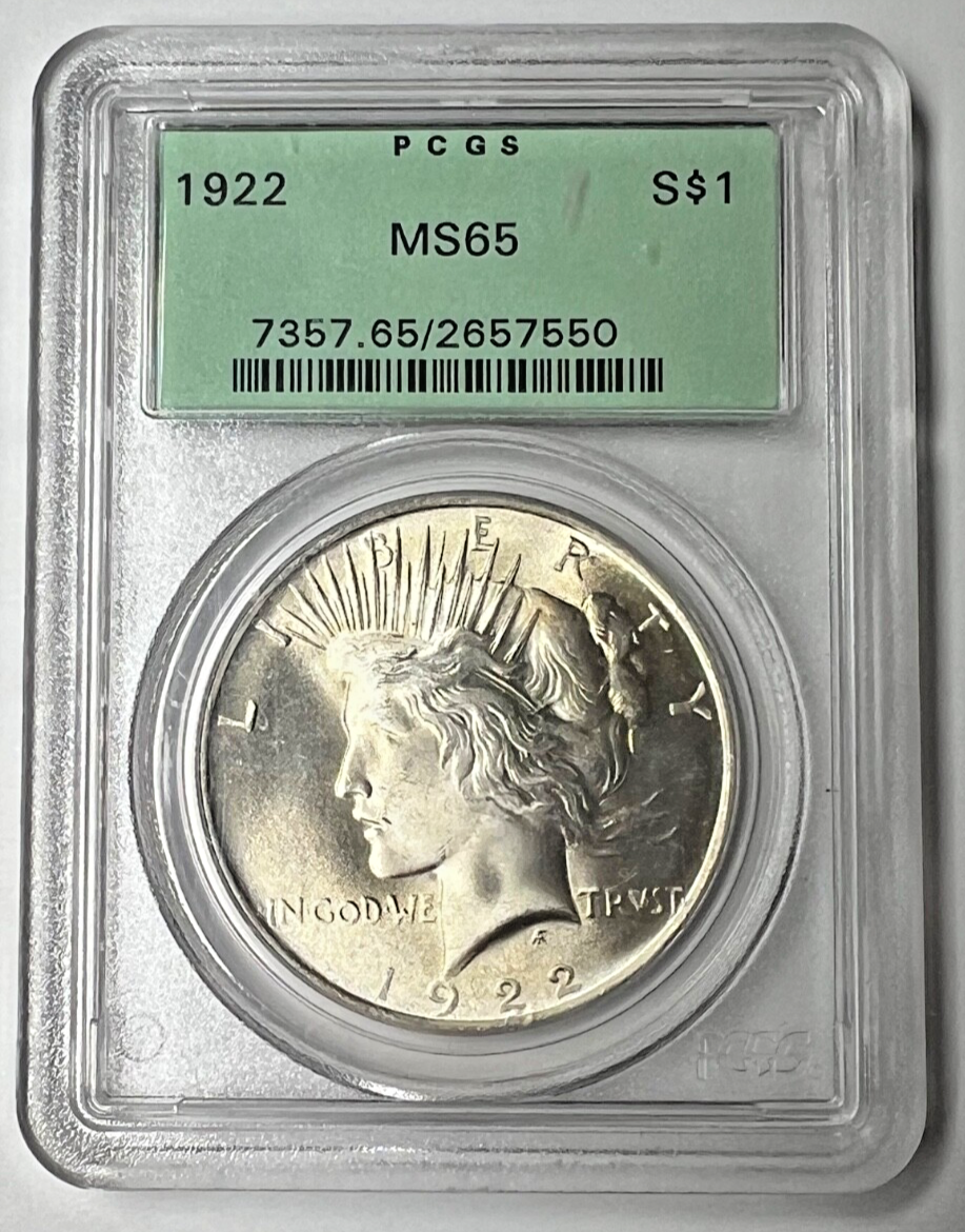 1922 P U.S. Silver Peace Dollar $1 PCGS MS65 Gem BU - Original Green ...