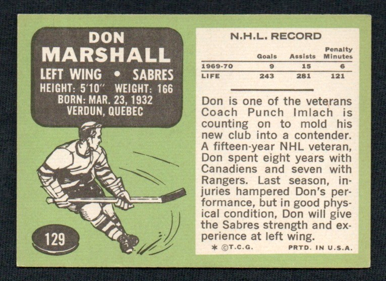 1970-71 Topps #129 Don Marshall, Buffalo Sabres, EXC | eBay