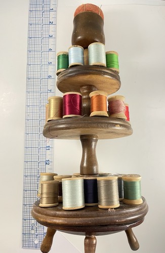 Antique Wooden 3-Tier Spinning Sewing Thread Stand w/ 33 Spools ...