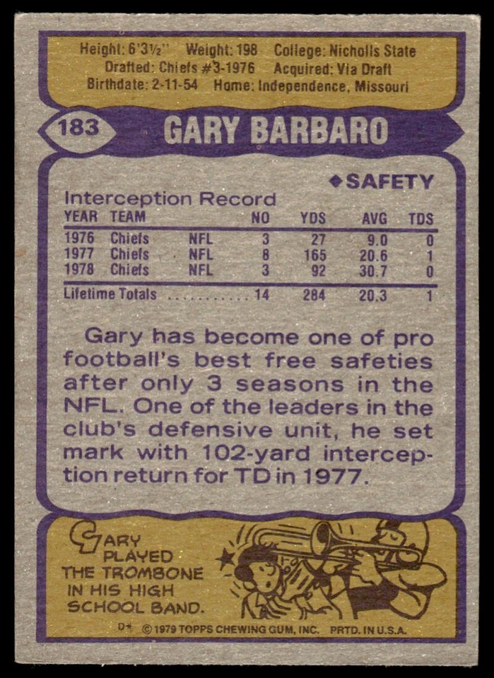 1979 Topps Gary Barbaro Kansas City Chiefs #183 | eBay