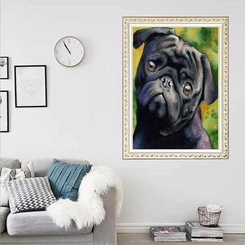 Round Full Drill Diamond Painting Set, 5D Black Pug Diamond Painting ...