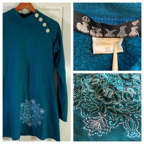 Teal Boho Nepal Tunic Top XL Long Sleeve Embroidered Button Neck Casual ...