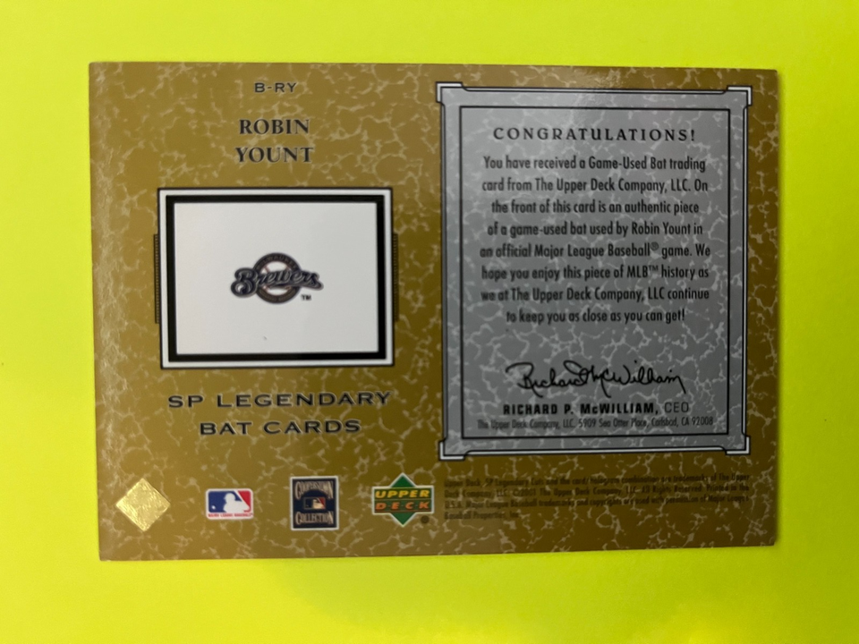 2001 SP Legendary Cuts Game Bat Card #B-RY Robin Yount Milwaukee ...