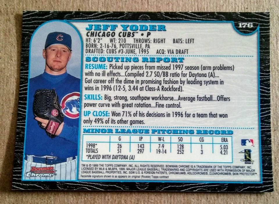 1999 BOWMAN CHROME PENNSYLVANIA INTERNATIONAL #176 JEFF YODER CUBS ...