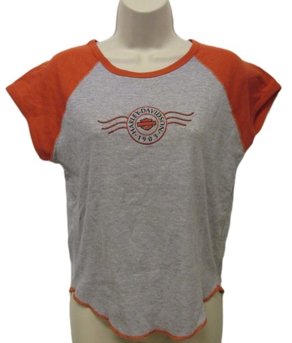 HARLEY DAVIDSON LADIES STAMP WING GRAY & ORANGE RAGLAN SHIRT. NEW | eBay