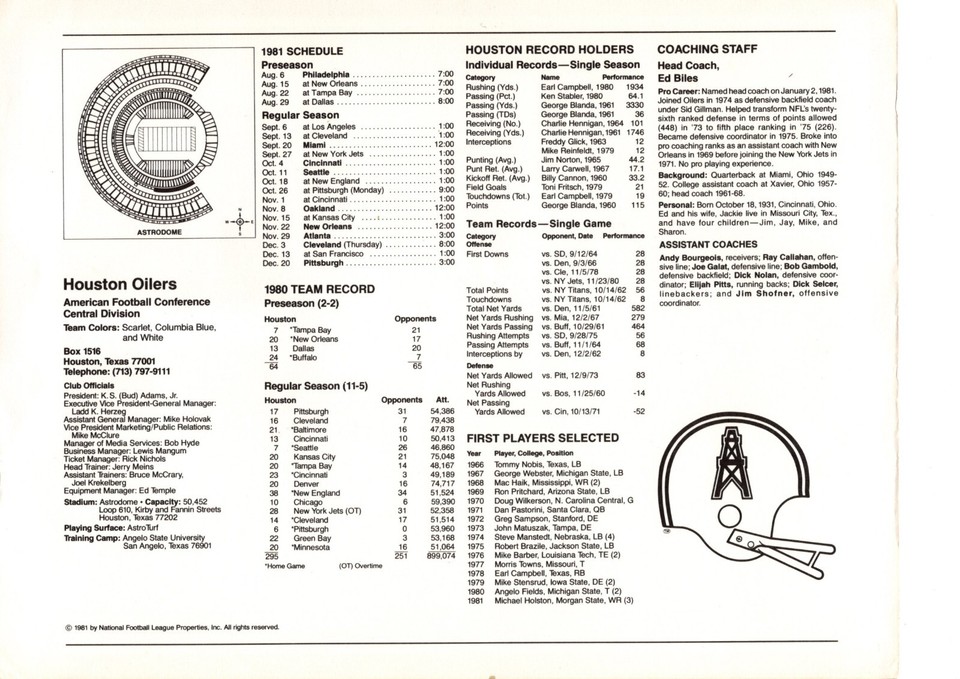 VINTAGE ORIGINAL 1981 HOUSTON OILERS 8.5x11 TEAM PHOTO KEN STABLER ...