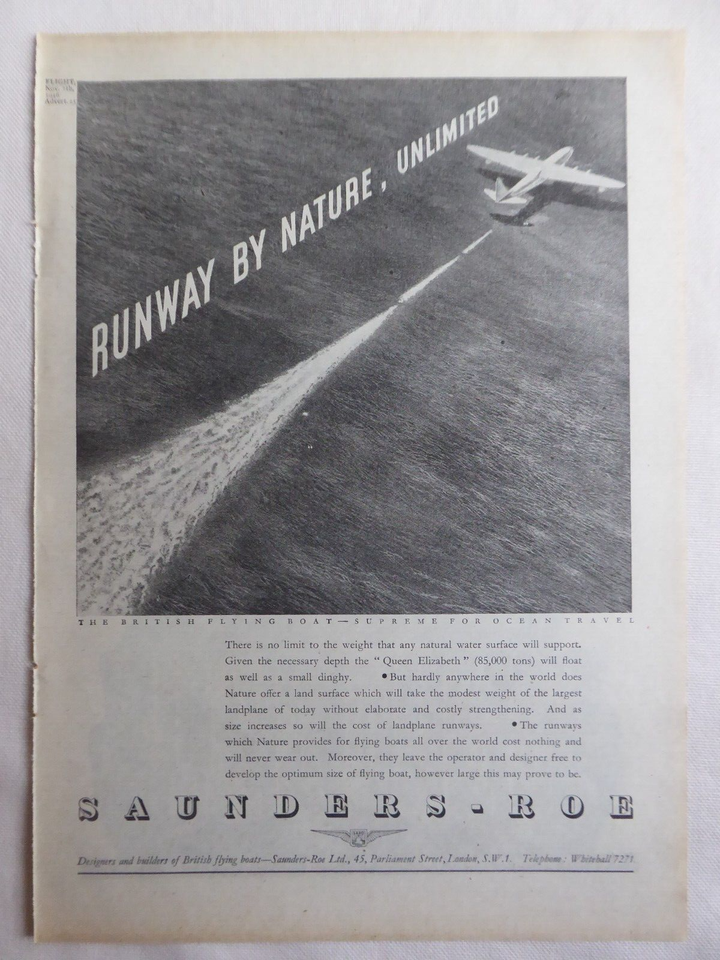 11/1946 PUB SAUNDERS-ROE BRITISH FLYING BOAT QUEEN ELIZABETH ORIGINAL ...