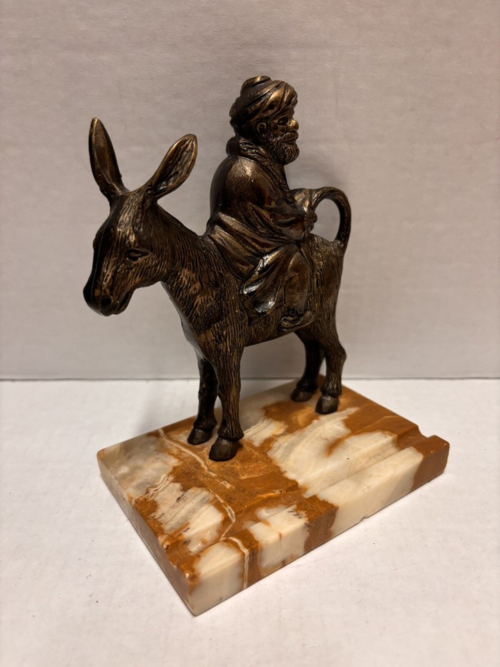 Brass Statue Hodja Man Riding Donkey Backwards Marble Base Turkish ...