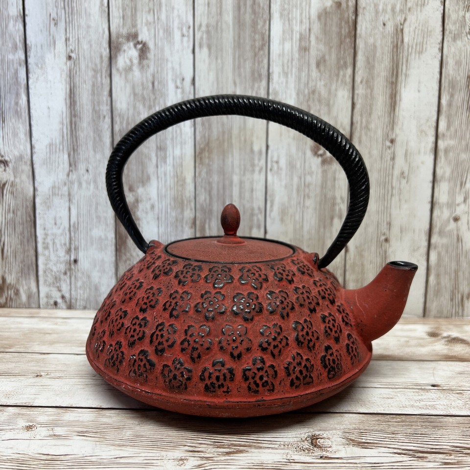 Red Cast Iron Asian Tetsubin Teapot with Mesh Strainer Farmhouse ...
