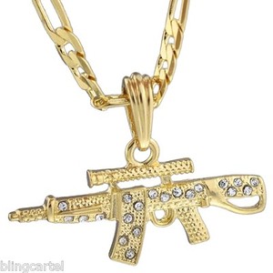 AK-47 Iced Gun Pendant Rifle Gold Plated Necklace 24" Hip Hop Figaro ...